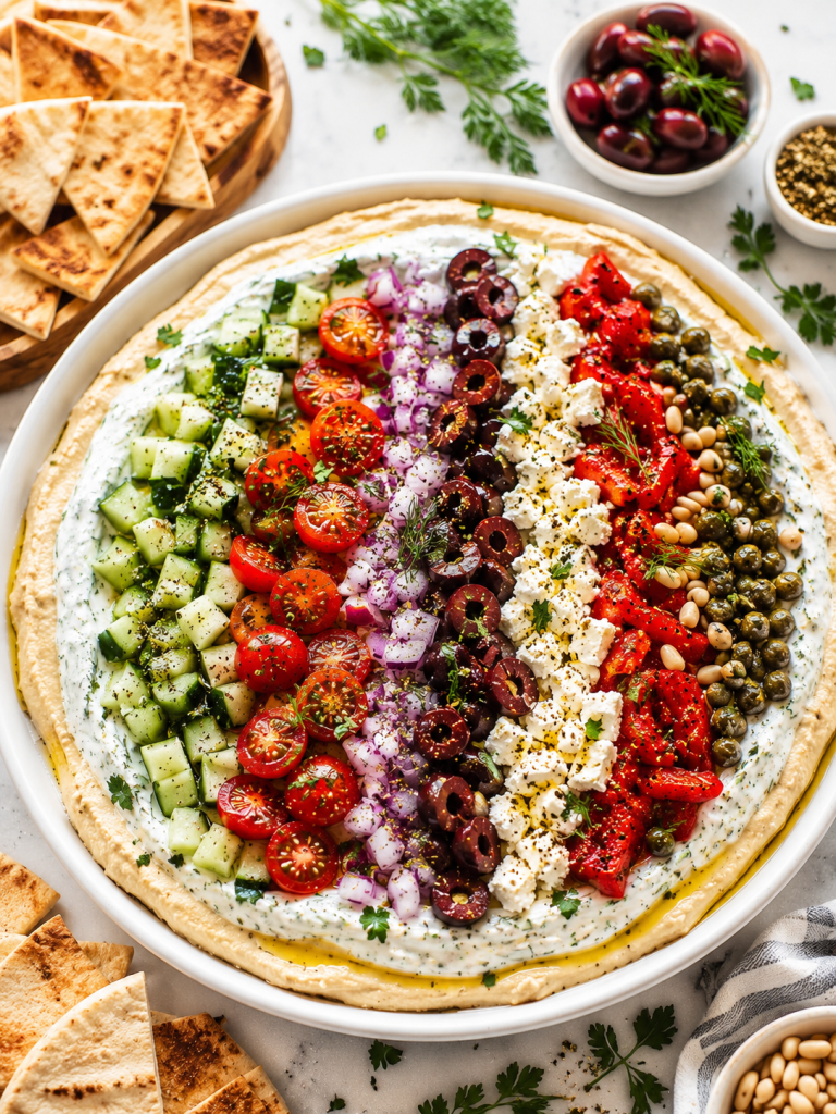 Mediterranean Layered Dip Recipe (with Hummus & Tzatziki) - Styled By ...